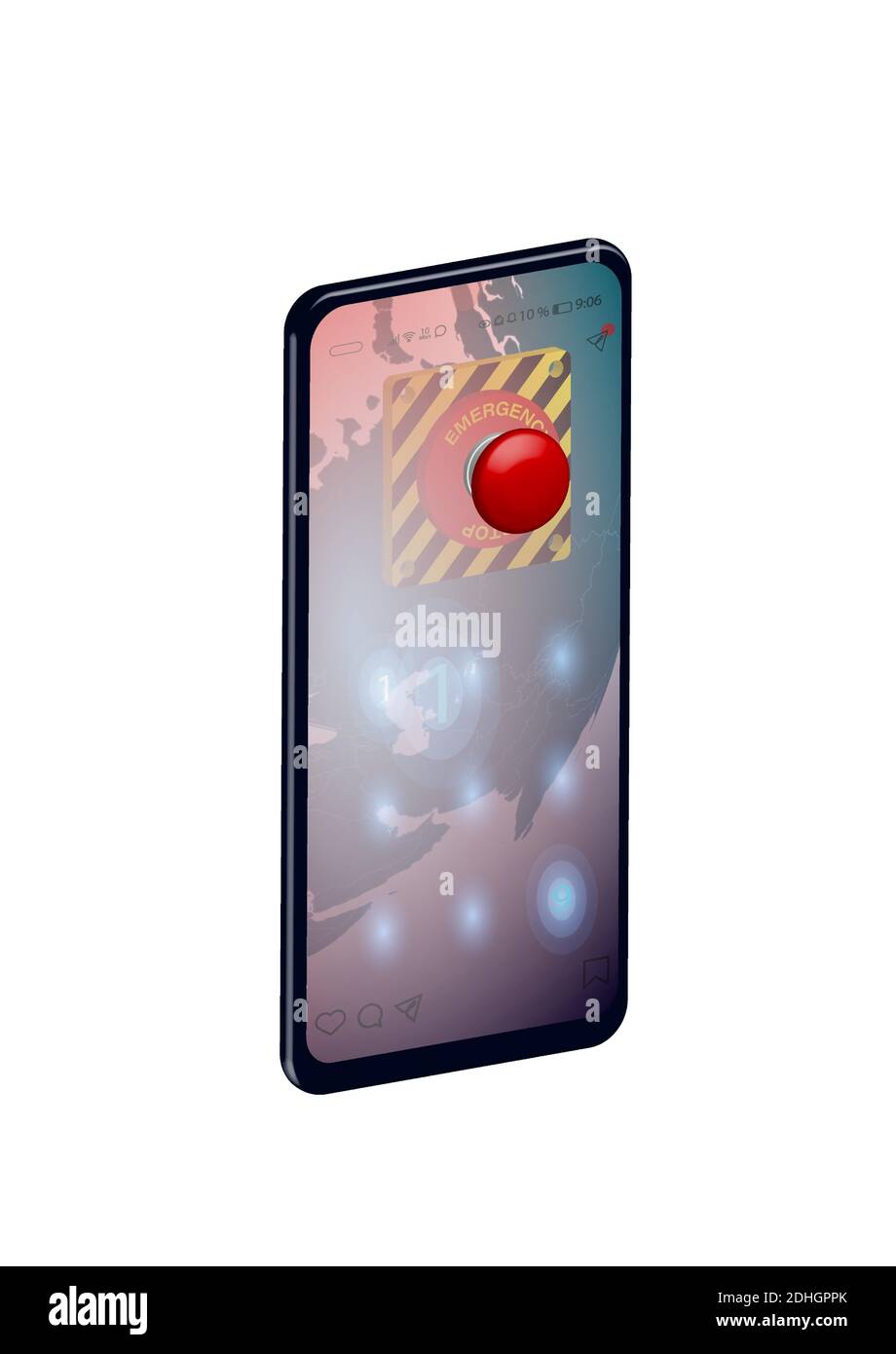 Concept, smartphone with a red emergency button inside the device ...