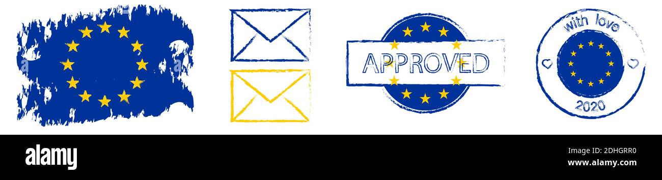 postal stamps in colors and with symbols of European Union flag ...