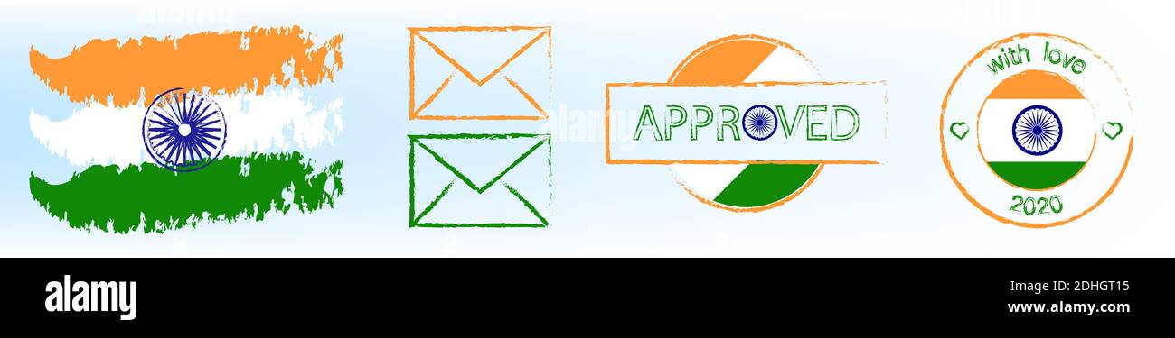 postal stamps in colors and with the symbols of flag of India. Delivery ...