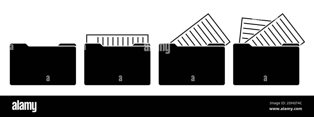 Set of black folder icons for empty and filled documents. Take out a ...