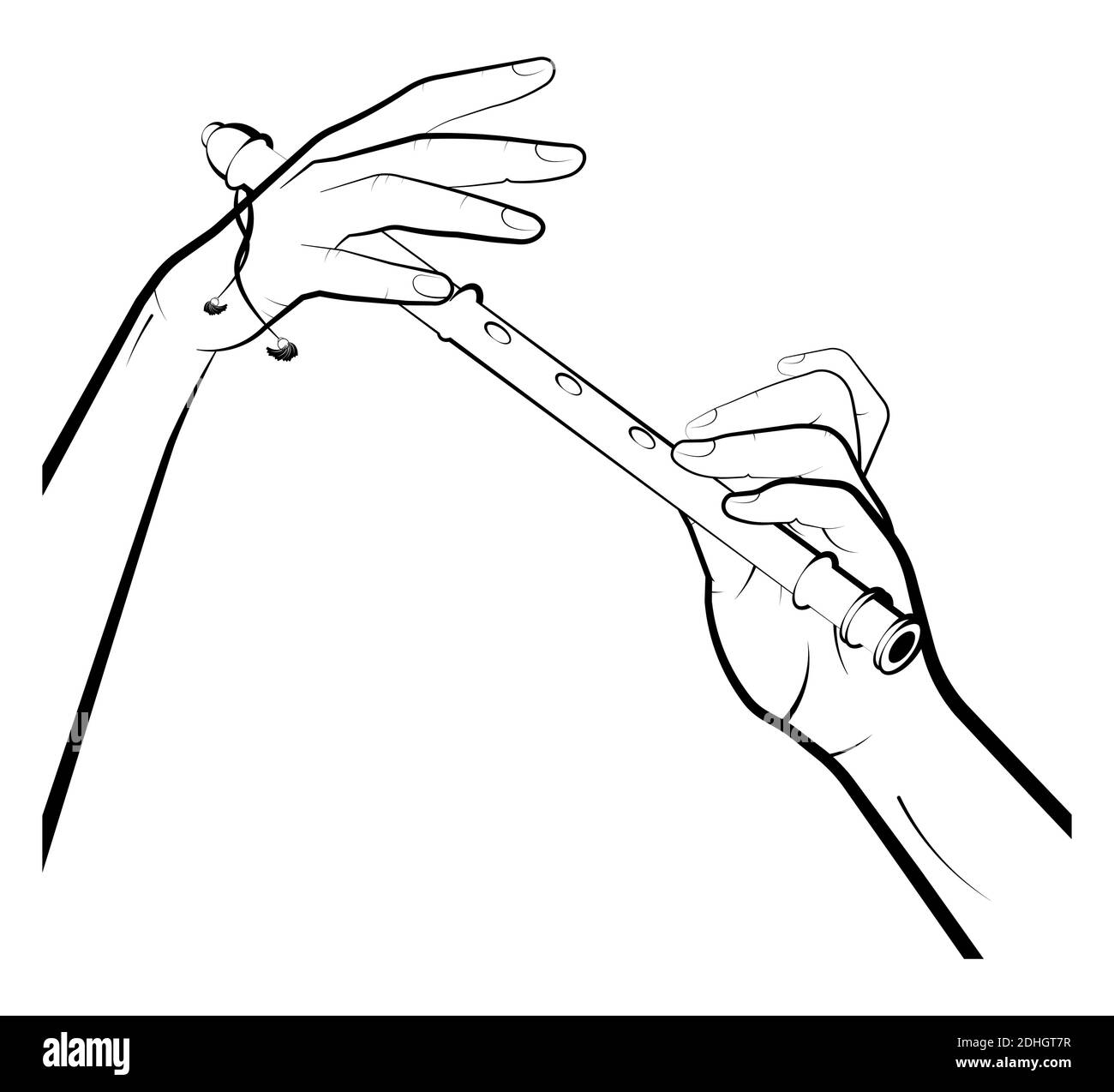 Mans hands playing on wooden pipe, flute. Musical folk wind instruments ...