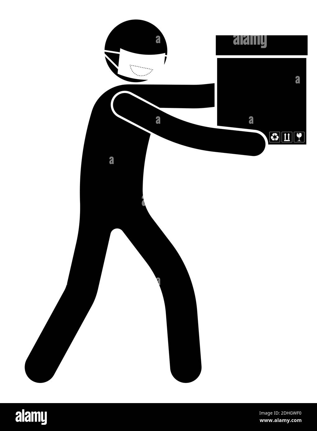 stick figure, man in medical mask holds a box with goods in his hands ...