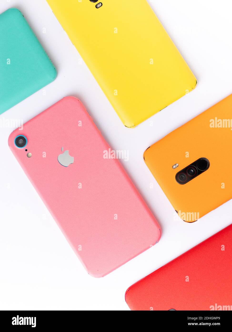 Custom phone skin flatlay with different background color Stock Photo ...