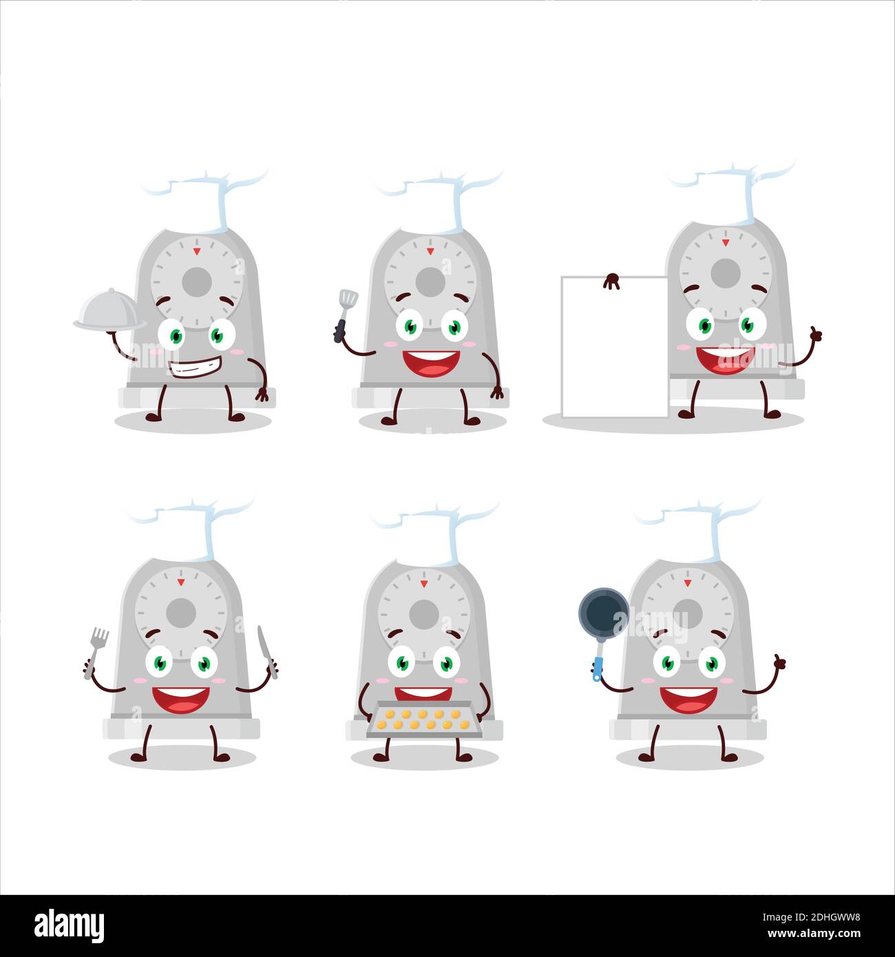 Cartoon character of time kitchen with various chef emoticons. Vector ...