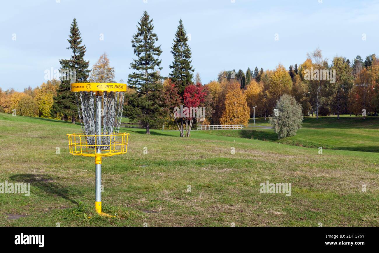 UMEA, SWEDEN ON OCTOBER 02, 2013. A Frisbee basket, goal this side a ...