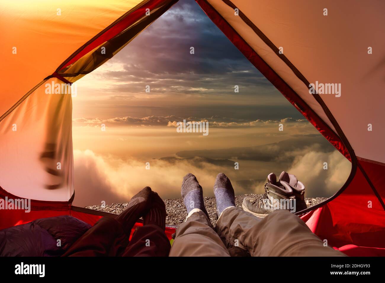 Camping inside a Tent with beautiful cloudscape in background Stock ...