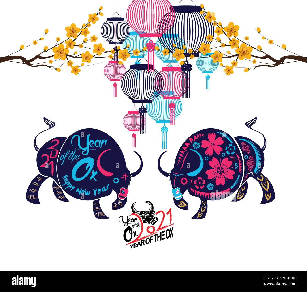 Chinese new year 2021 year of the ox ,lanterns,flower and asian ...