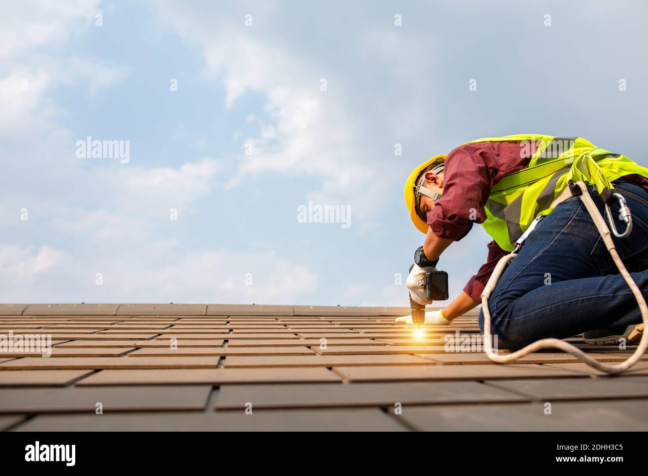 Roof repair, Construction worker install roof, Roofing tools,Electric ...