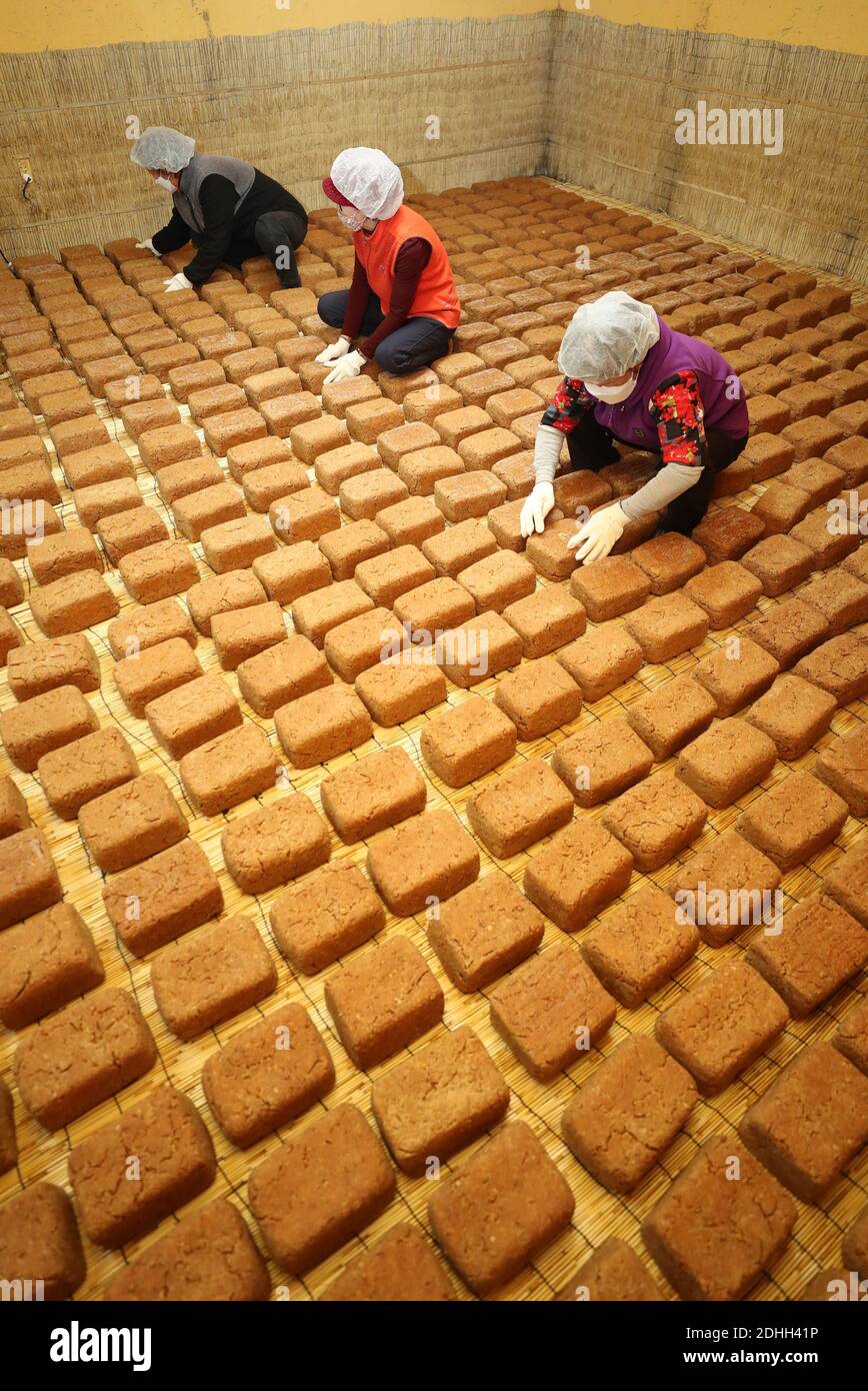 11th Dec, 2020. Maturing bean paste Women place bricks of bean paste to ...