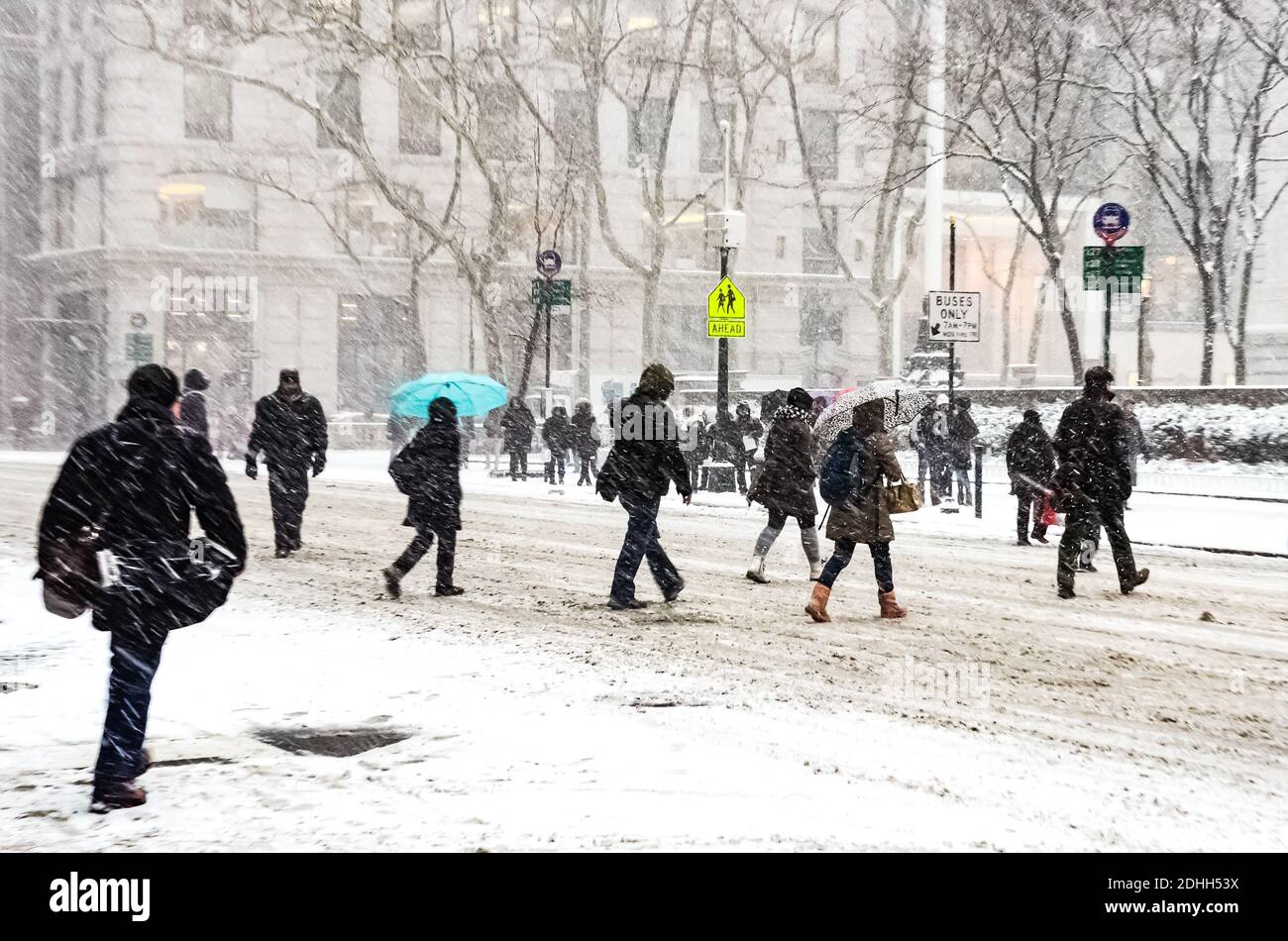 Winter snowstorm blizzard in New York City with heavy snow falling ...