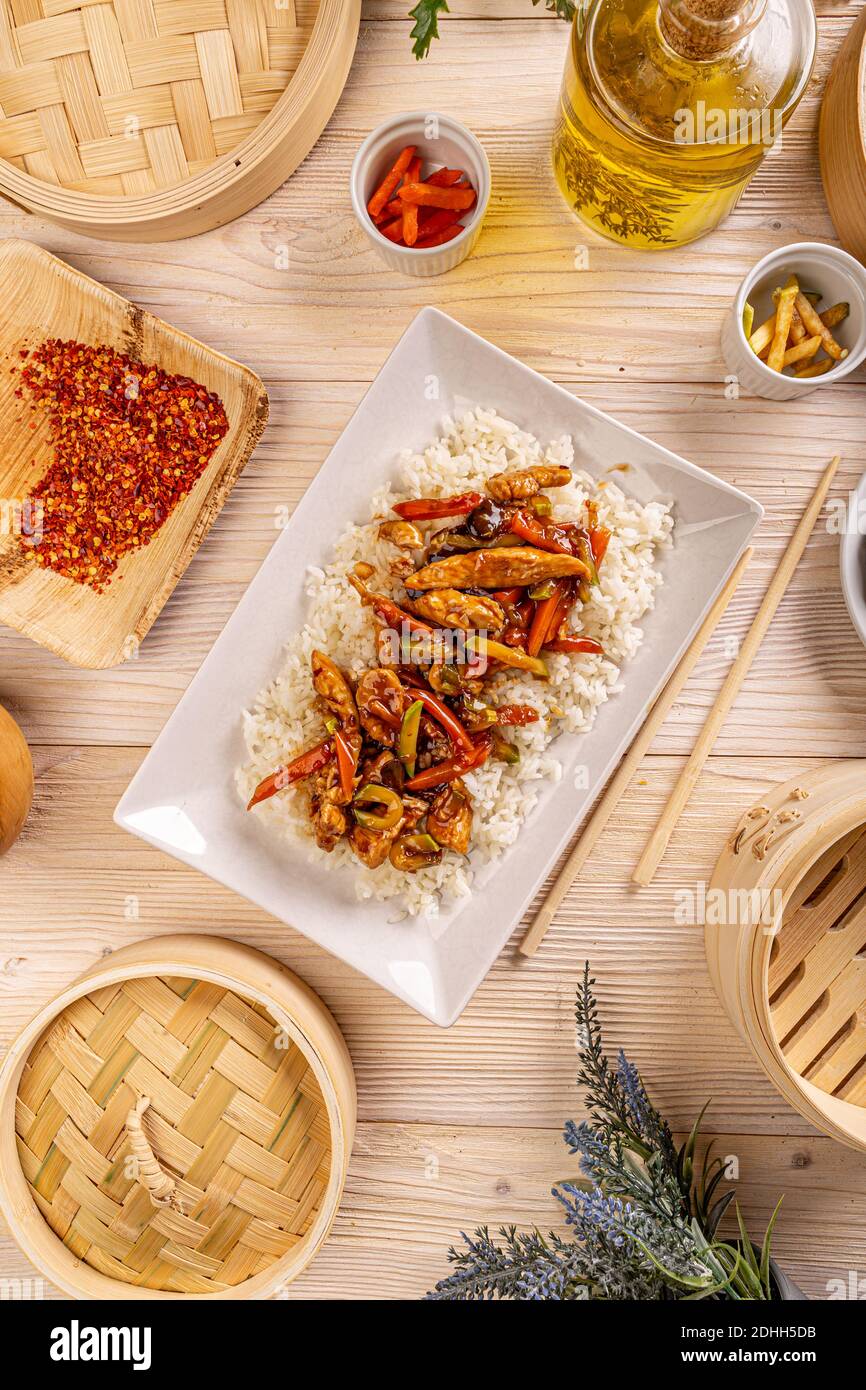 Flat lay view at authentic traditional Chinese food Stock Photo - Alamy