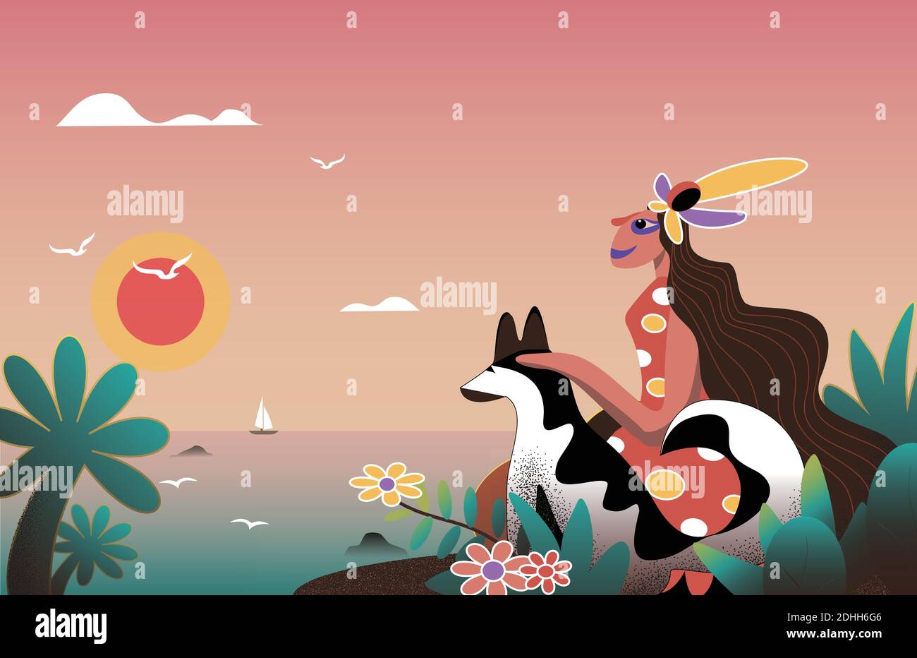 Illustration of beautiful women and dogs watching the sunset at the ...