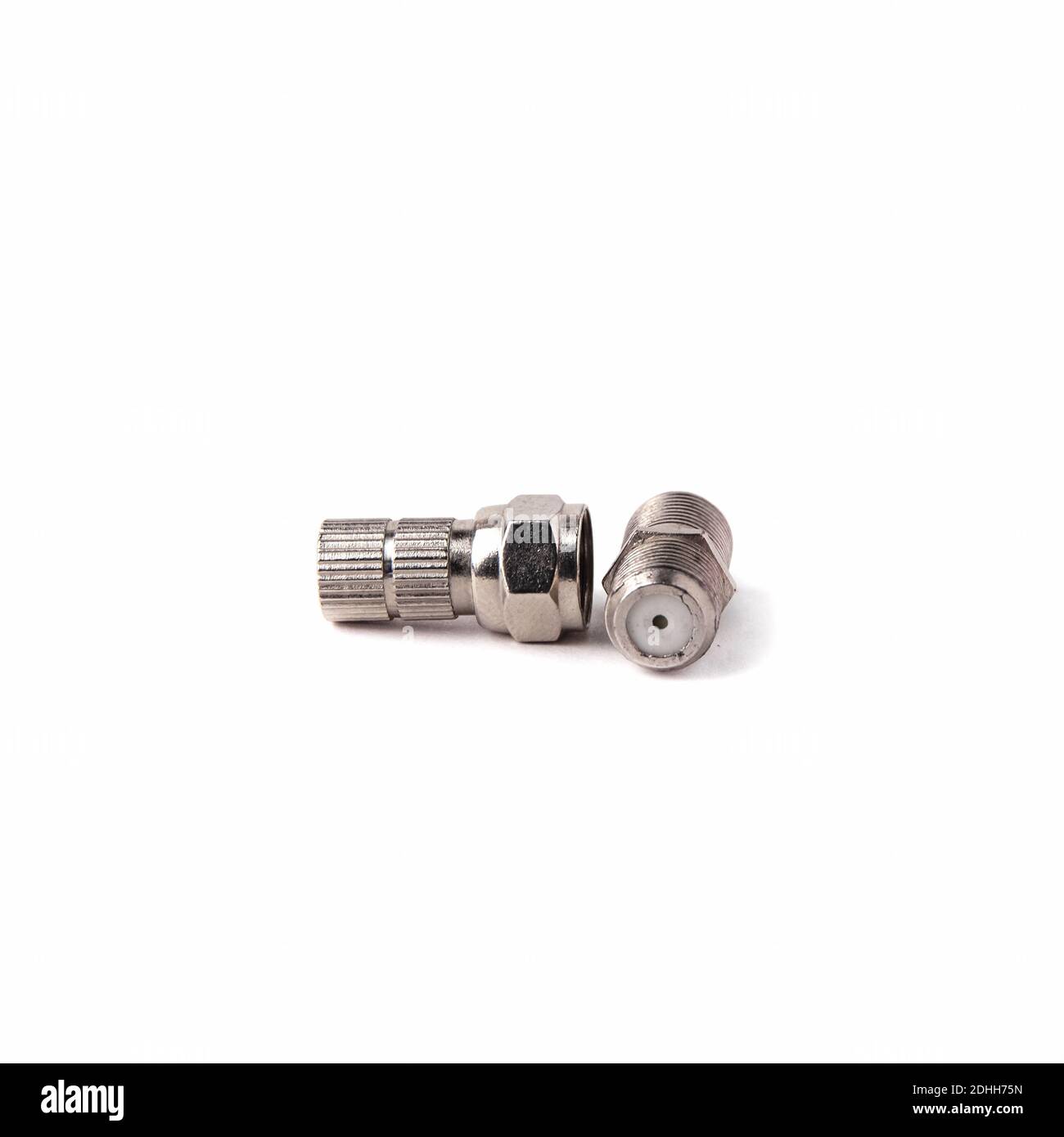 F-rg6 f-type side and f female connector isolated on white background ...