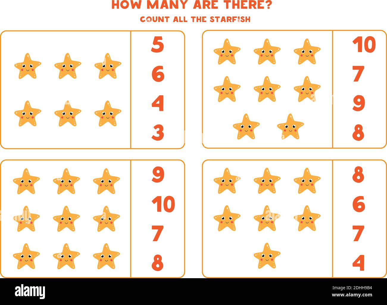 Counting game for kids. Count all cute starfish. Worksheet for children ...