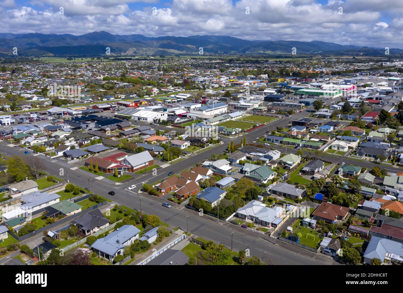 An aerial shot of the landscapes and houses in Levin in New Zealand ...