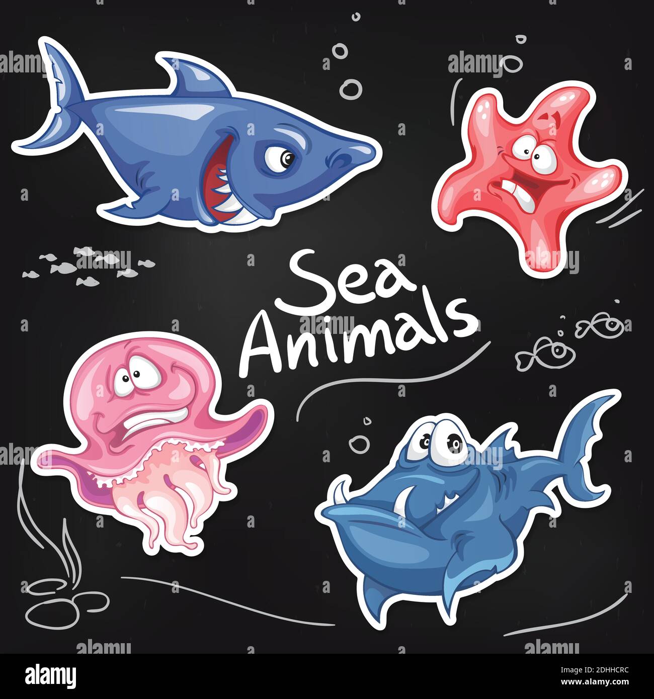 Sea animals in cartoon style. Cool sticker design on blackboard Stock ...