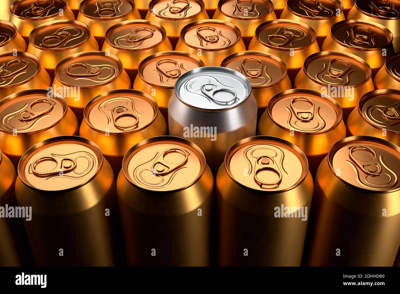 Unique silver can among group of golden recyclable cans cans. View from ...