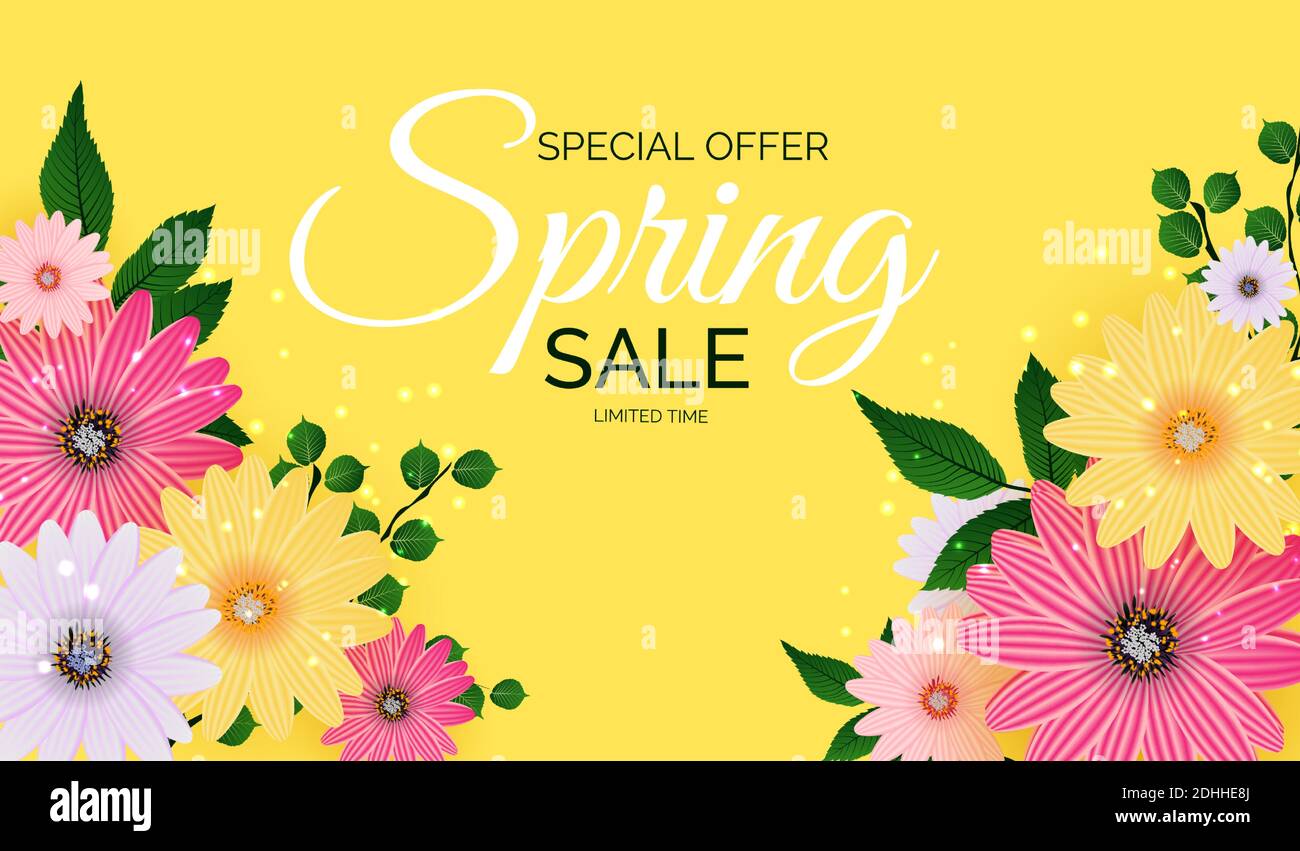 Promotion offer, card for spring sale season with spring plants, leaves ...