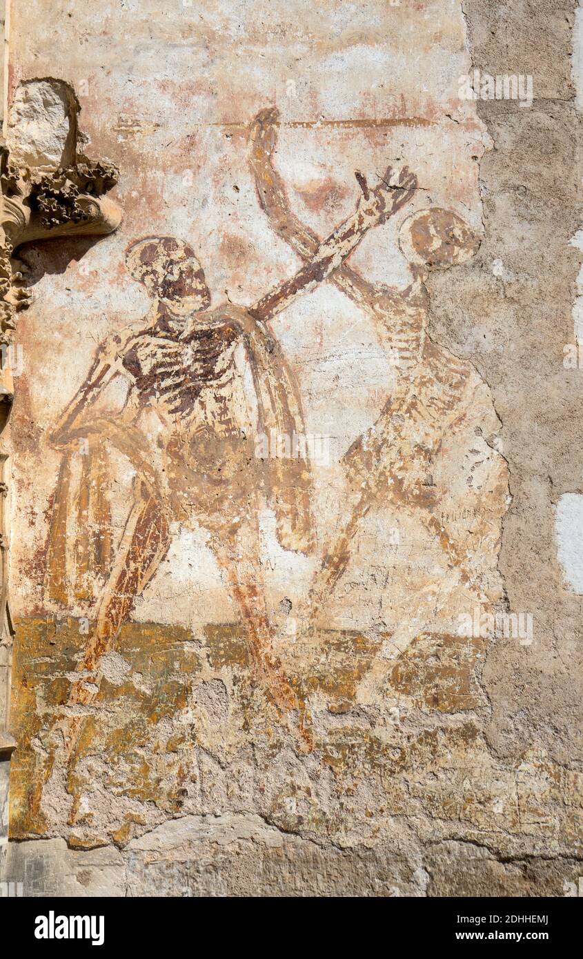 A 13th century a fresco skeleton dance on the outside wall of Basilica ...