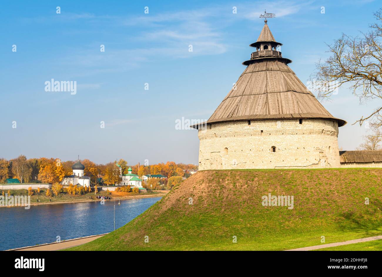 Pokrovskaya fortress Tower of Pskov on the shore of Velikaya river ...