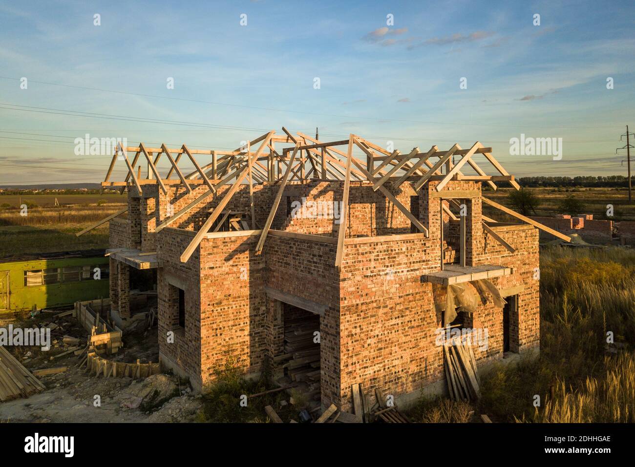 Private residential house with wooden roof frame structure under ...