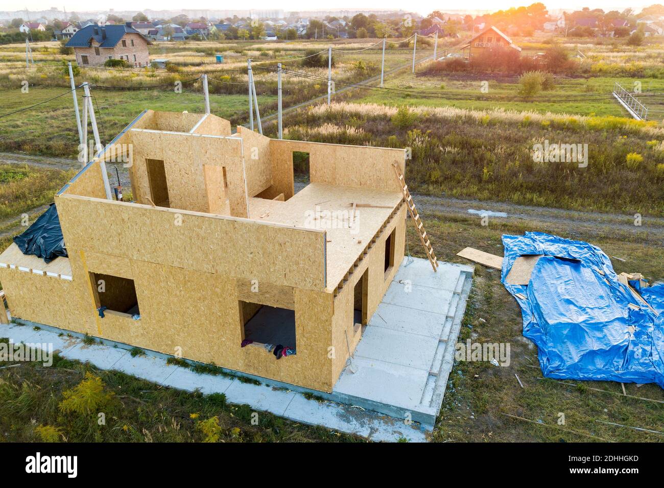 Construction of new and modern modular house. Walls made from composite ...