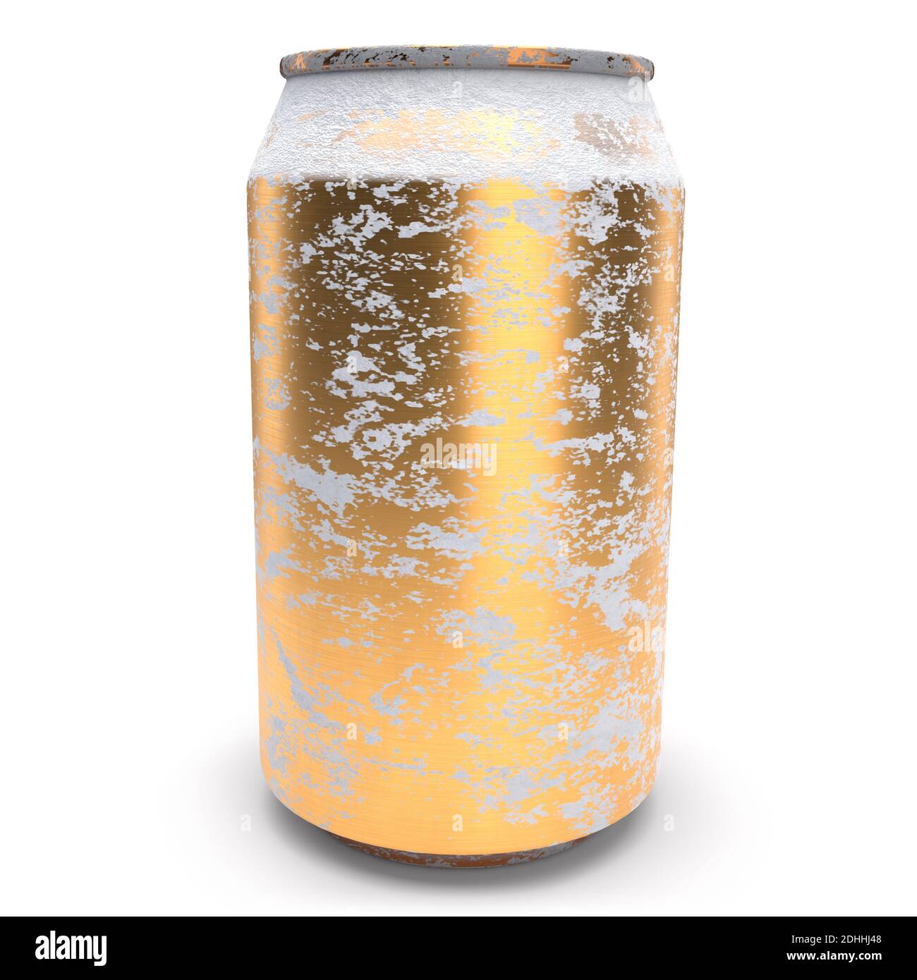 Gold frozen aluminum beer or soda can with frost isolated on white ...