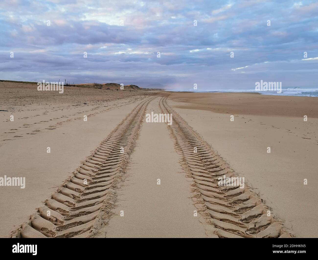 A view of straight tire tracks prints in the beach sand Stock Photo - Alamy