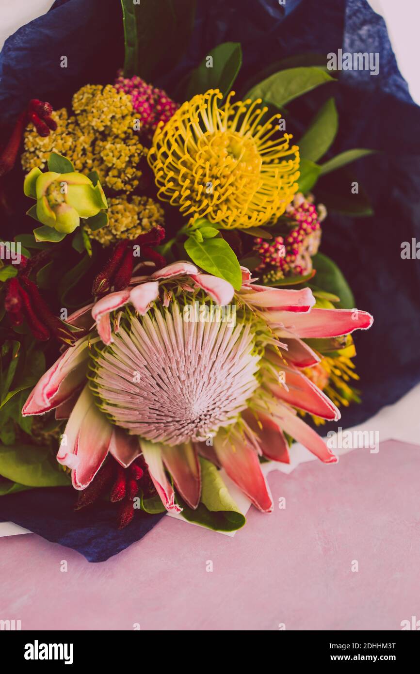 bunch of native Australian flower with proteas and kangaroo paws shot ...