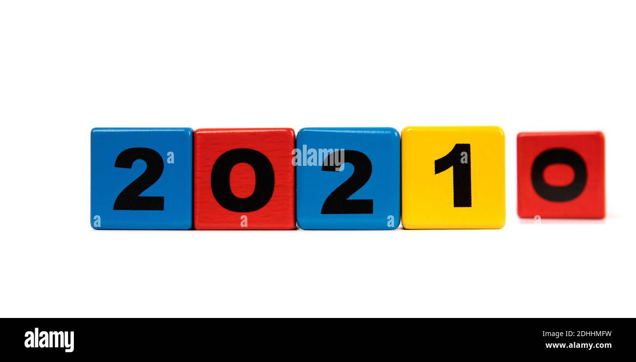 Change from year 2020 to 2021 set with toy blocks, isolated on white ...