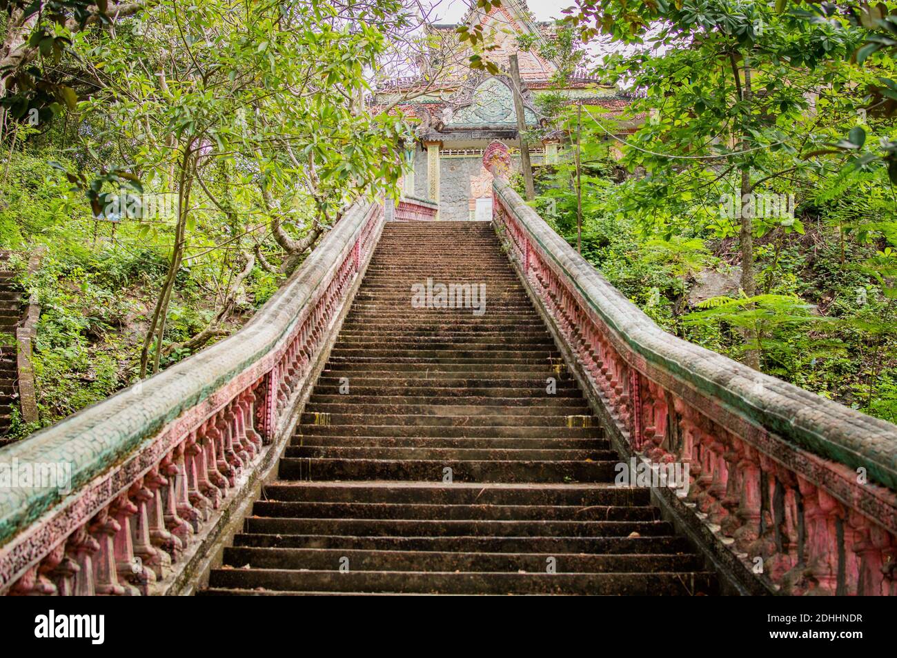 Stairway going up to the buddhist temple in jungle forest. The Path to ...