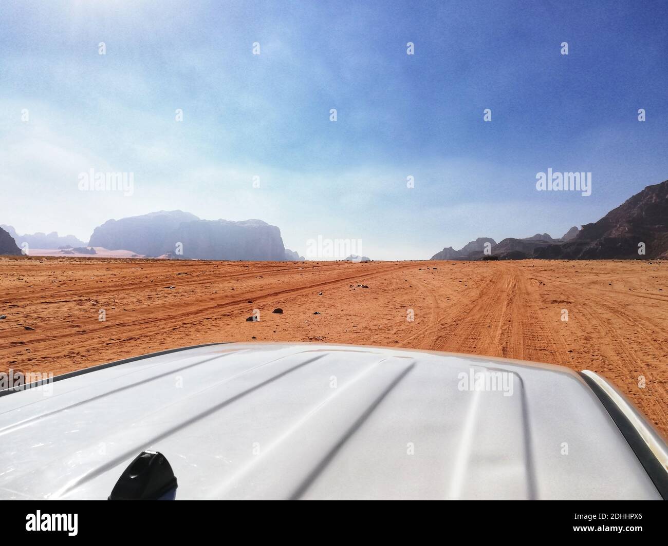 The Wadi Rum desert in Jordan captured from inside the car Stock Photo ...