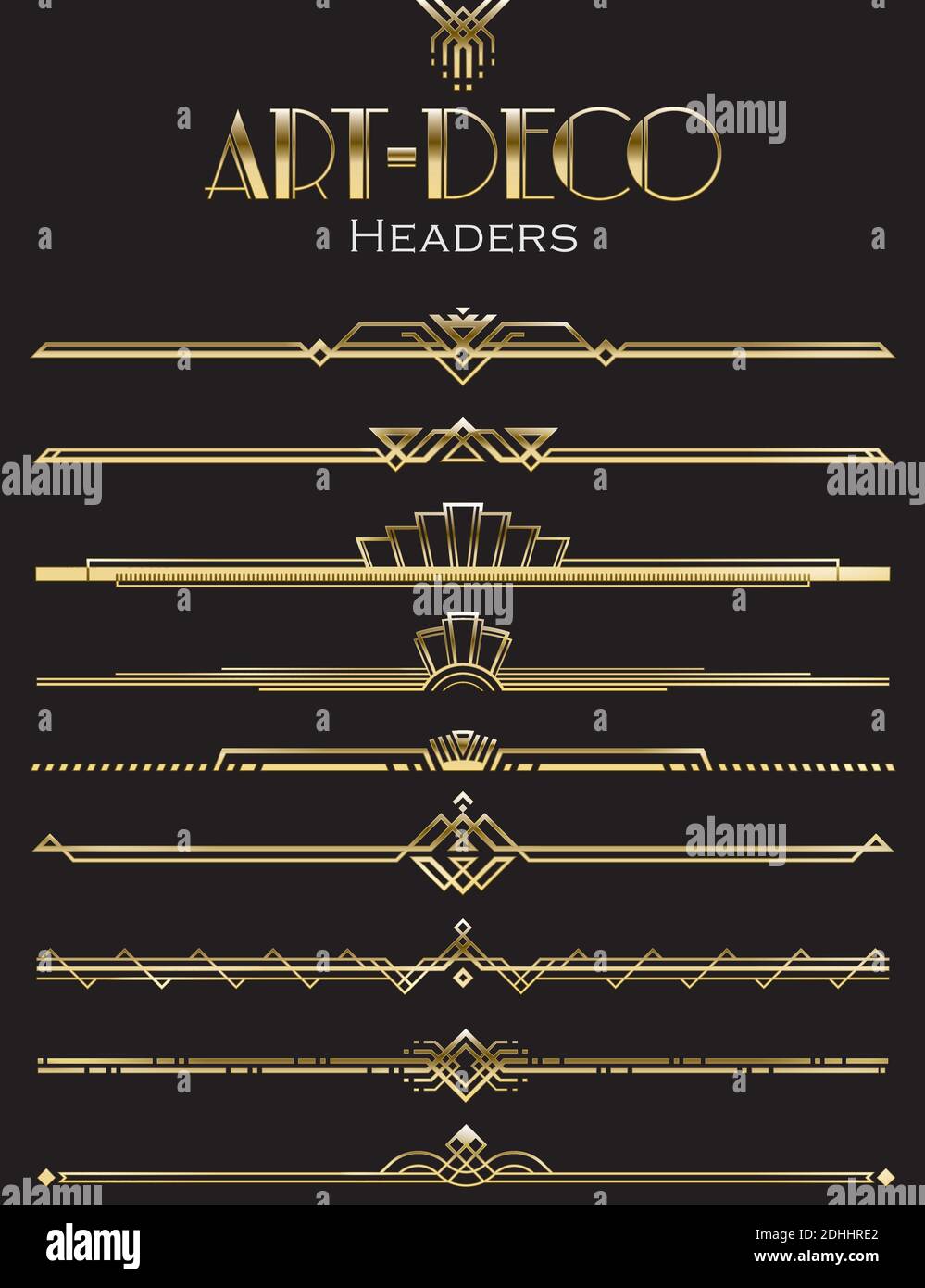 Set of headers made in the Art-Deco style, golden color on a black ...