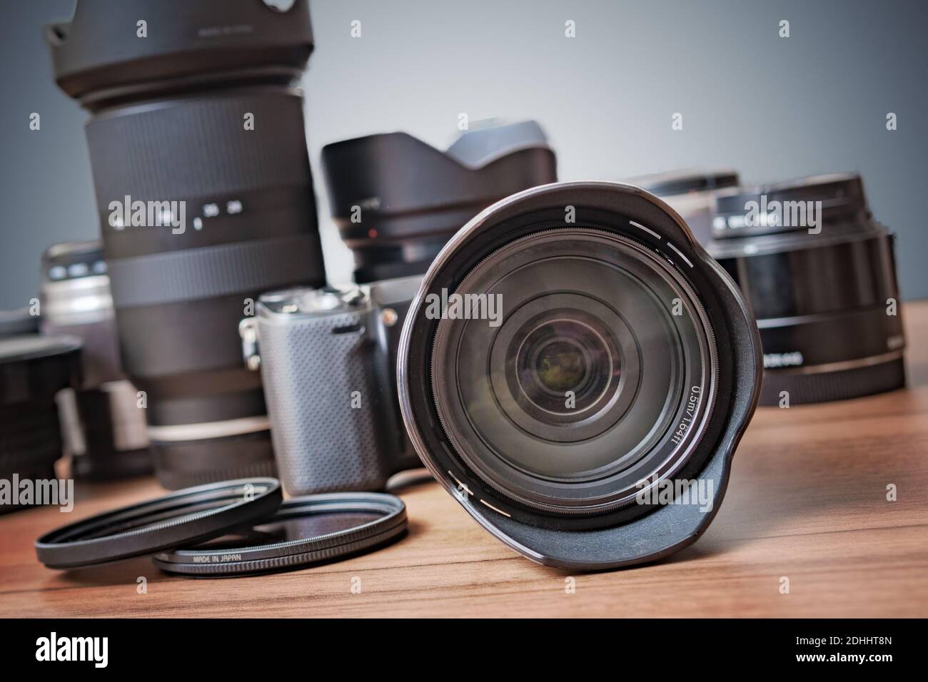 Digital DSLR camera, many lenses, filters and equipment Stock Photo - Alamy