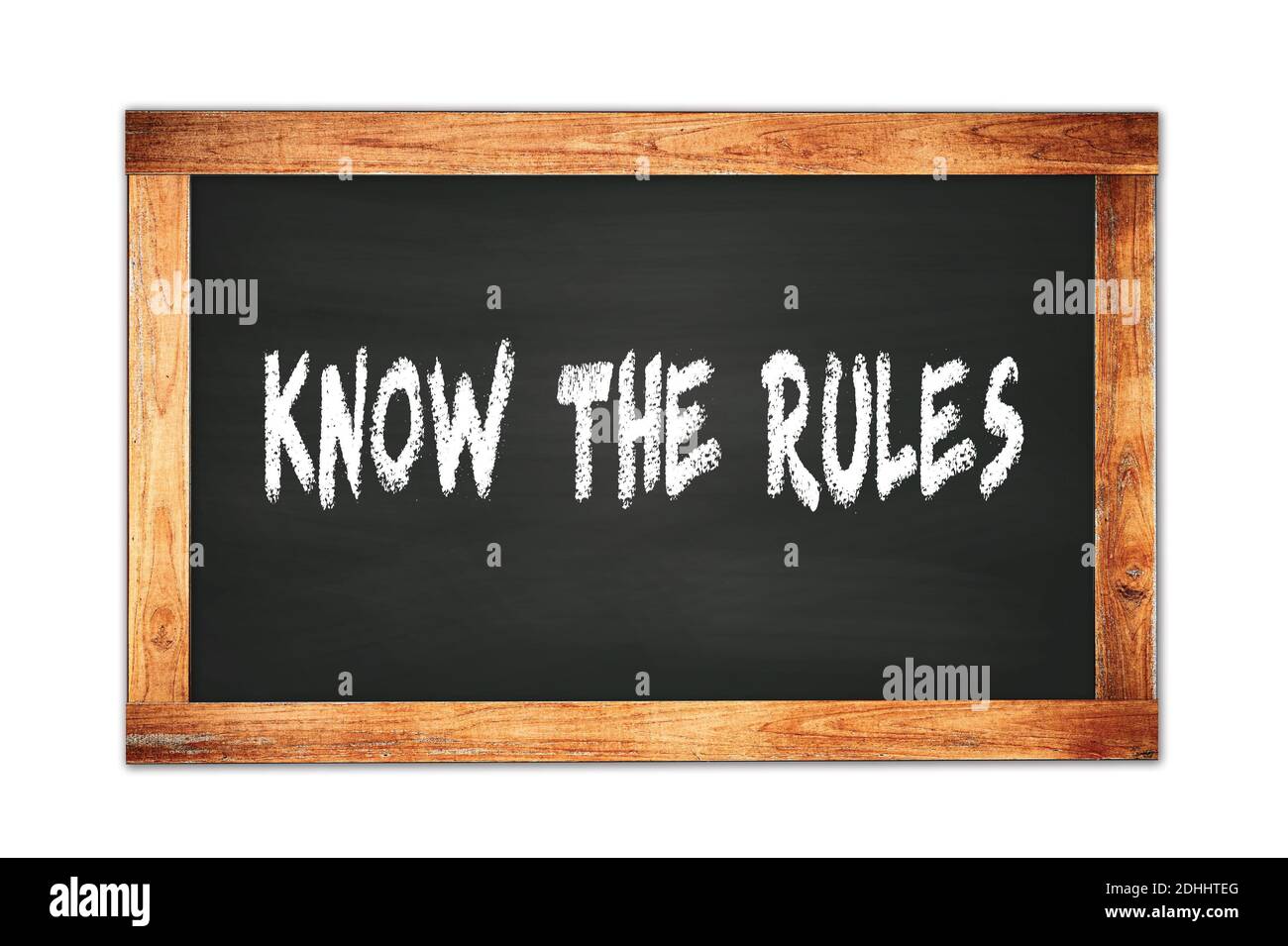 KNOW THE RULES text written on black wooden frame school blackboard ...