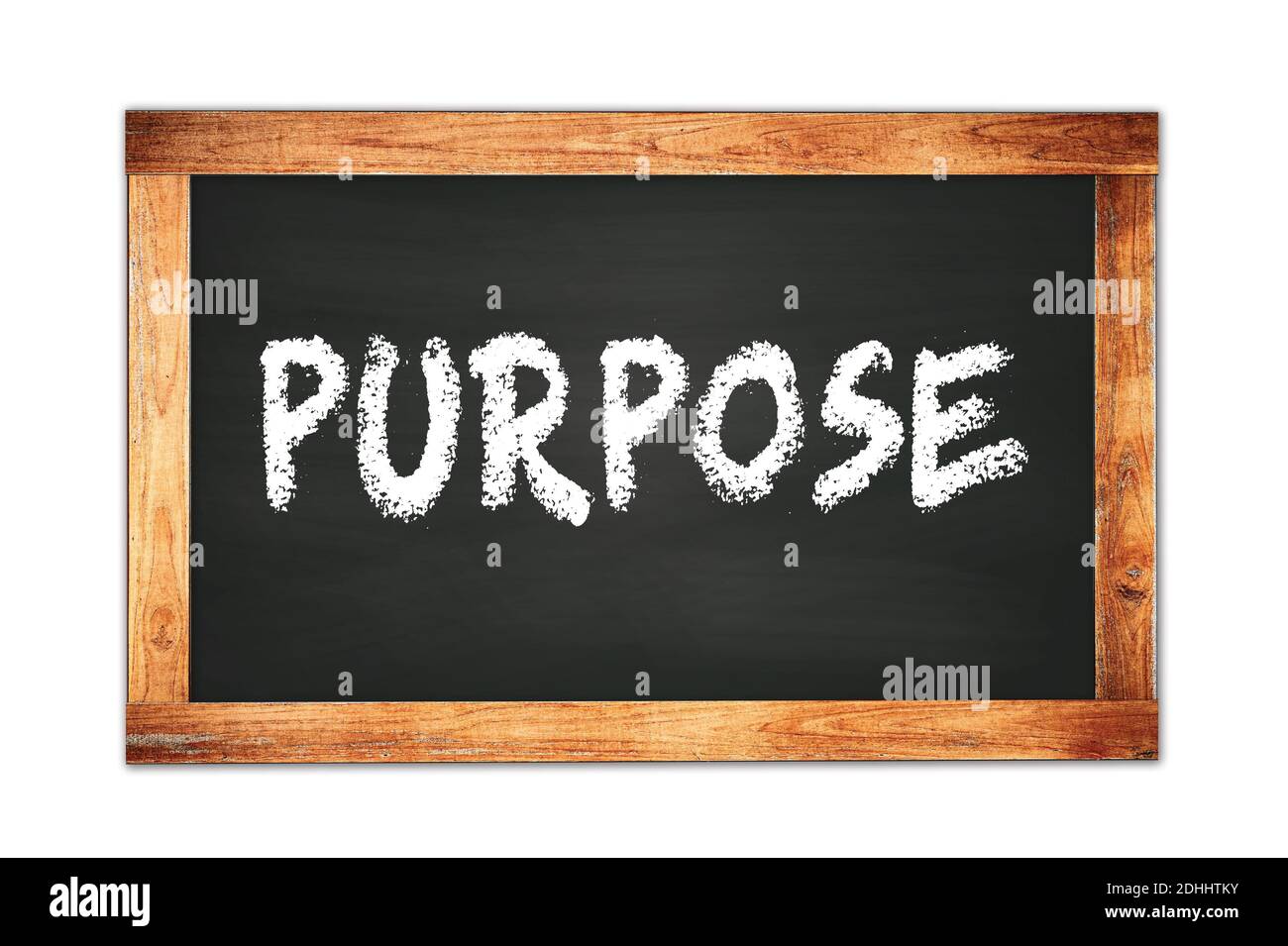 PURPOSE text written on black wooden frame school blackboard Stock ...