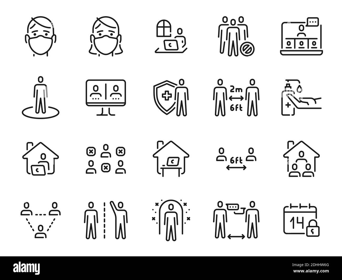 Social distance icons. Self quarantine, safe distancing and stay home ...