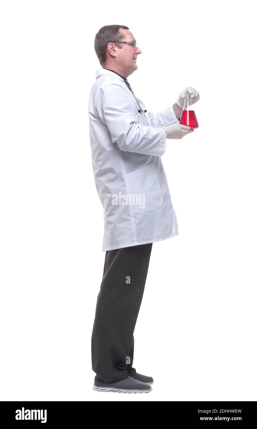 side view. scientist looking at a liquid in a laboratory flask Stock ...