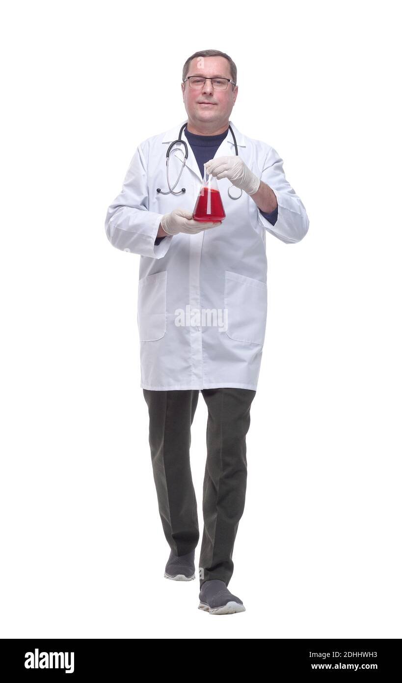 in full growth. confident scientist with a laboratory flask striding ...