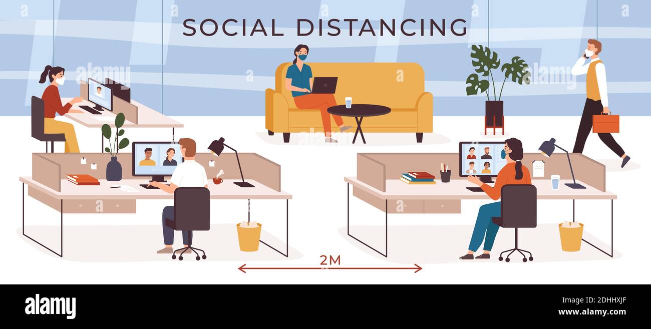Social distancing in office. Business people with safety masks working ...