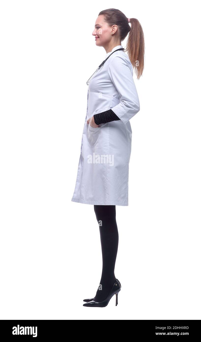 side view. young woman doctor looking at a white screen Stock Photo - Alamy