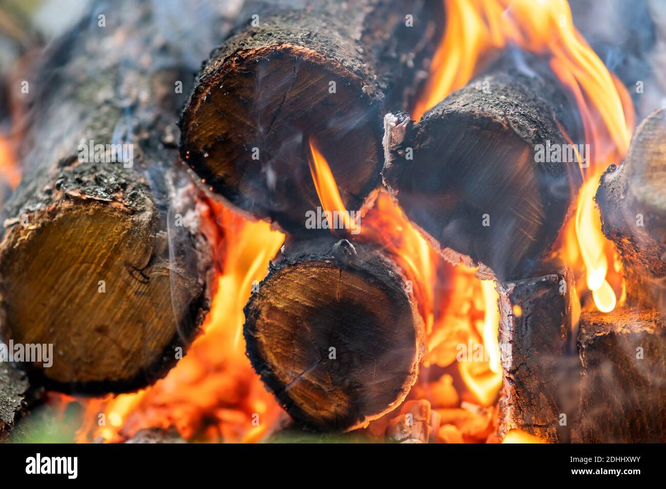 Close up of brightly burning wooden logs with yellow hot flames of fire ...