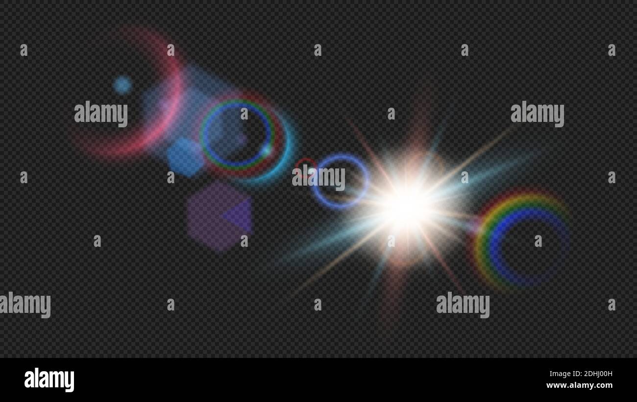 Horizontal sun rays and spotlight. Colorful glowing light explosion ...