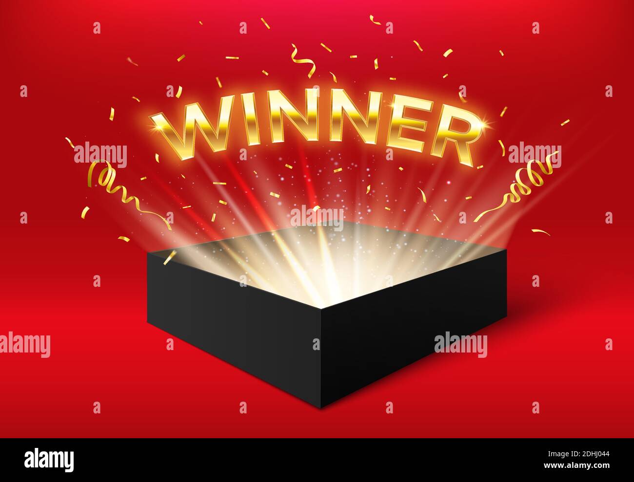 Winner glowing box with golden ribbons and confetti. Surprise carton ...