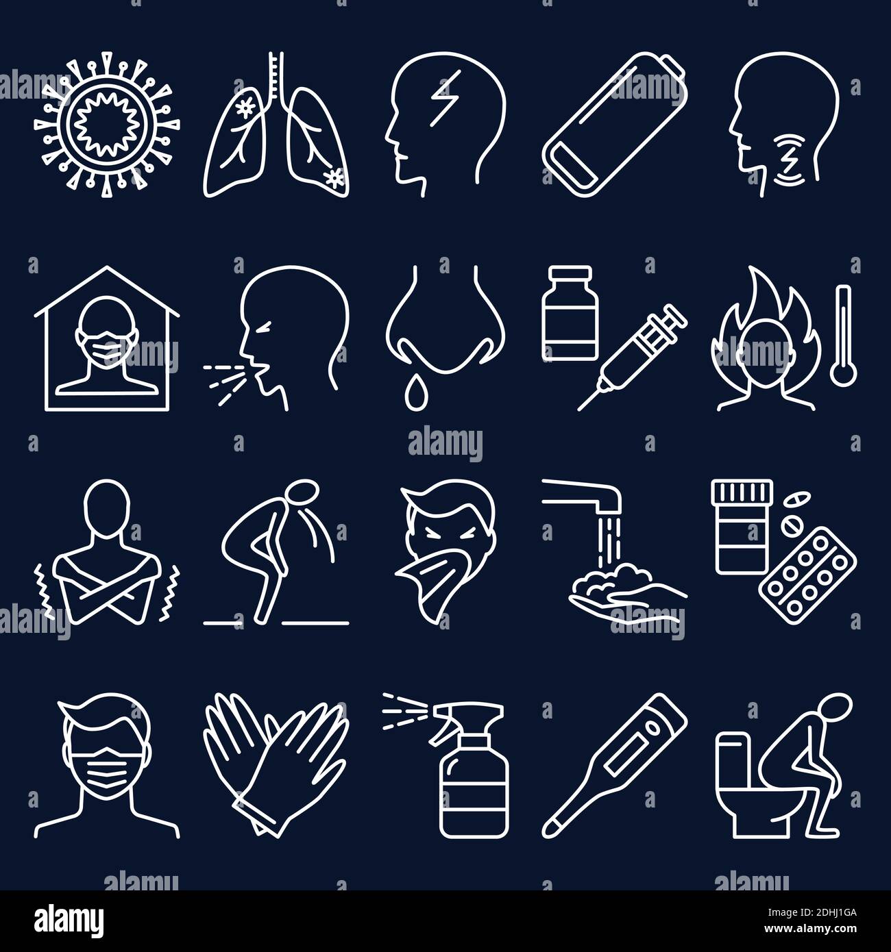 Flu and coronavirus symptoms and treatment icon set in thin line style ...