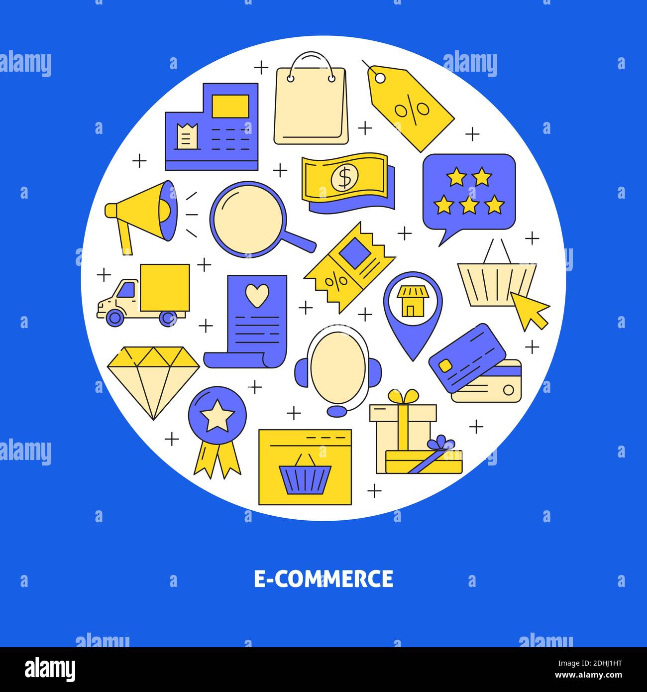 E-commerce round concept poster in line style with text. Online shop ...