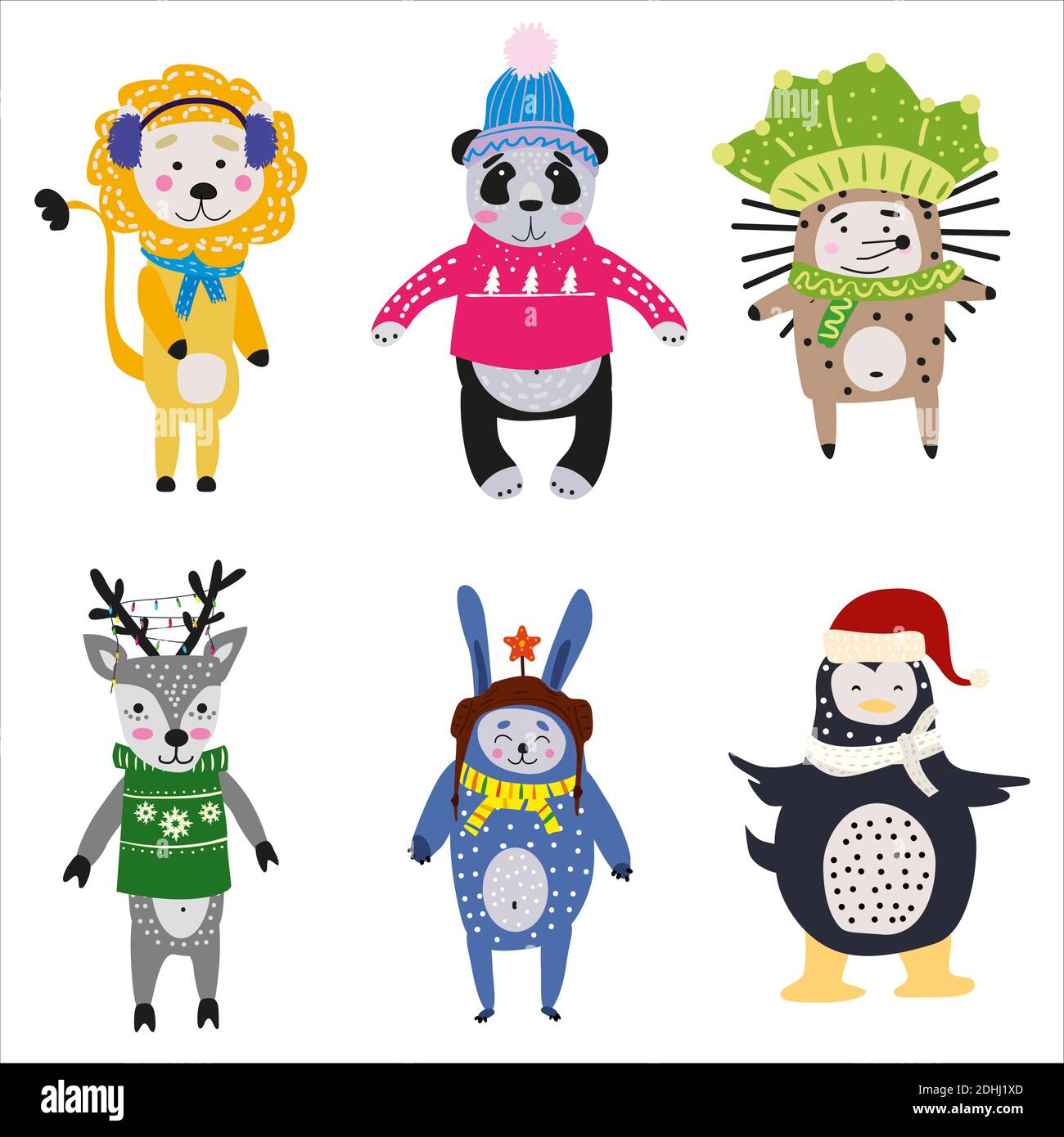 Christmas Animals set cute lion, panda, hedgehog, raccoon, deer, rabbit ...