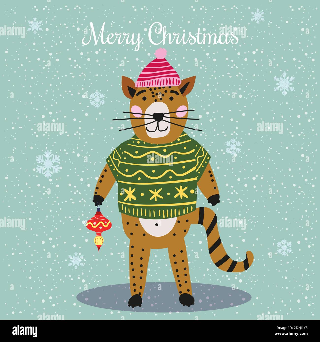 Merry Christmas Cute Bear with sweater, hat and toy card. Hand drawn ...