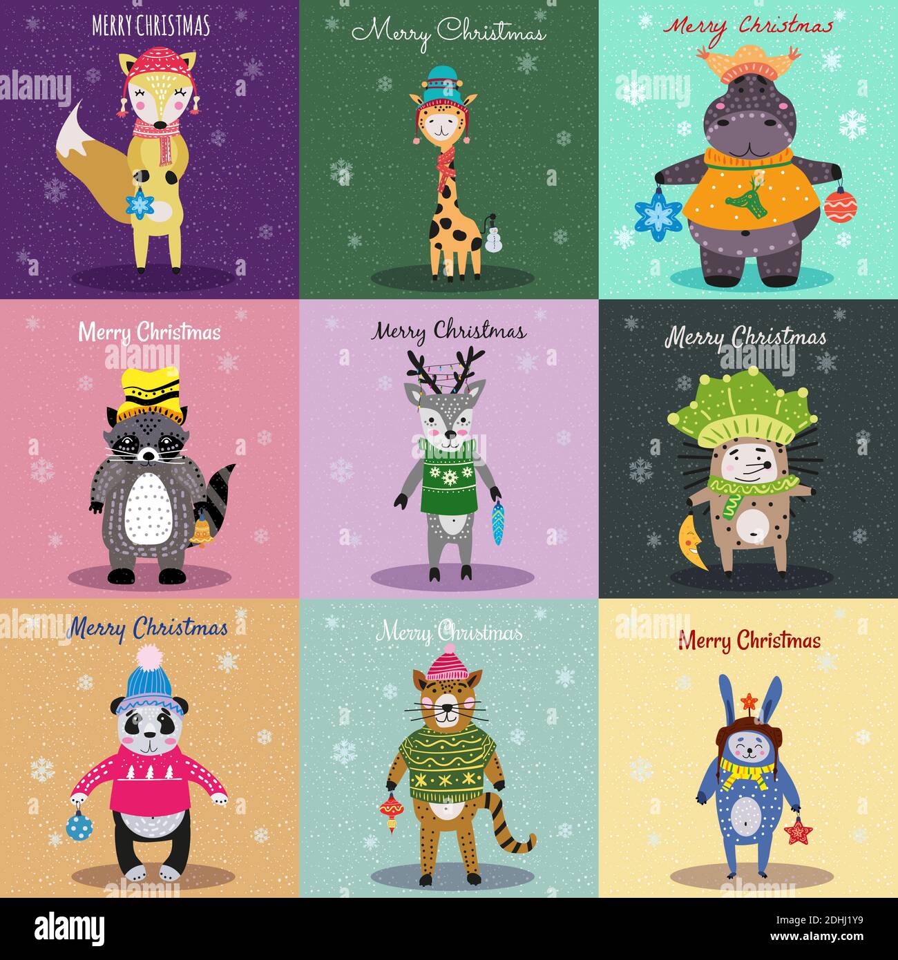 Christmas Animals Card Set cute hippo, fox, cat, panda, hedgehog ...