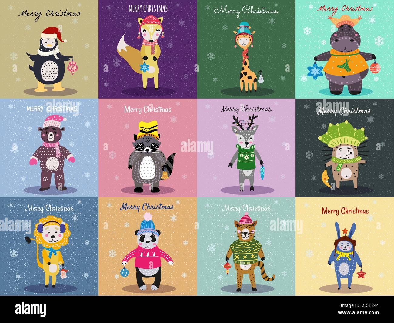 Christmas Animals Card Set cute hippo, fox, bear, cat, lion, panda ...